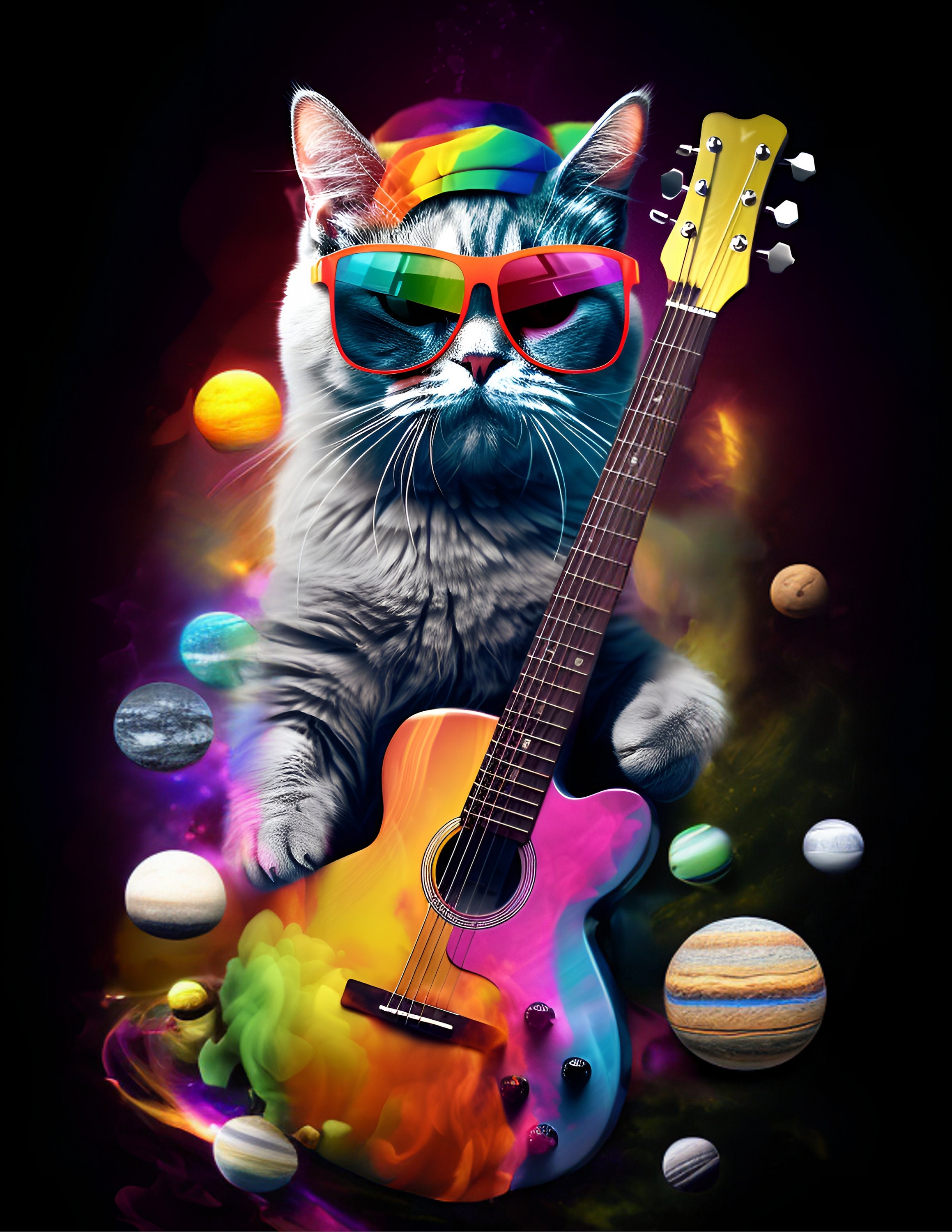Cool Rock Guitar Cats Clipart, Digital Post Card/sticker, Sunglasses ...