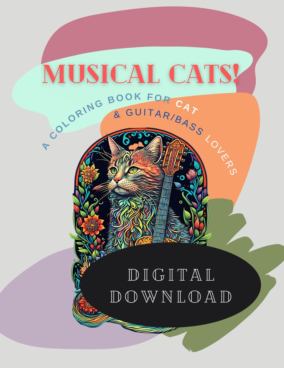Musical Cats: A Coloring Book for Guitar/bass & Cat Lovers, 34 Mandala ...