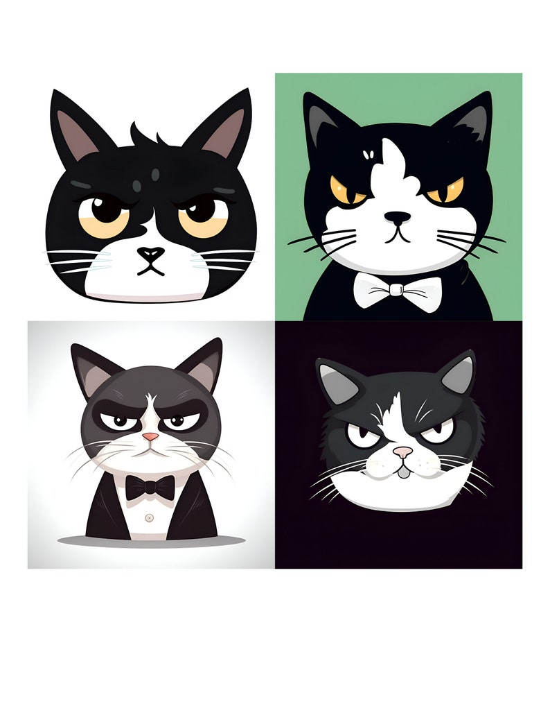 12 Grumpy Cats Clipart, Sad Angry Tuxedo Kitten, Digital Post Card ...