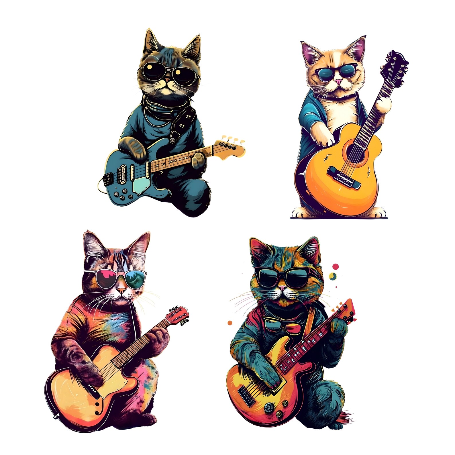 Cool Rock Guitar Cats Clipart, Digital Post Card/sticker, Sunglasses ...