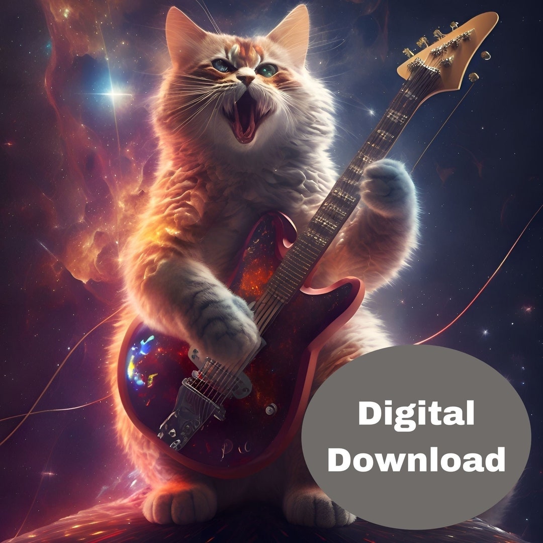 Rock Guitar Cats Wall Art Set of 5, Outer Space Funny Kitty Prints ...