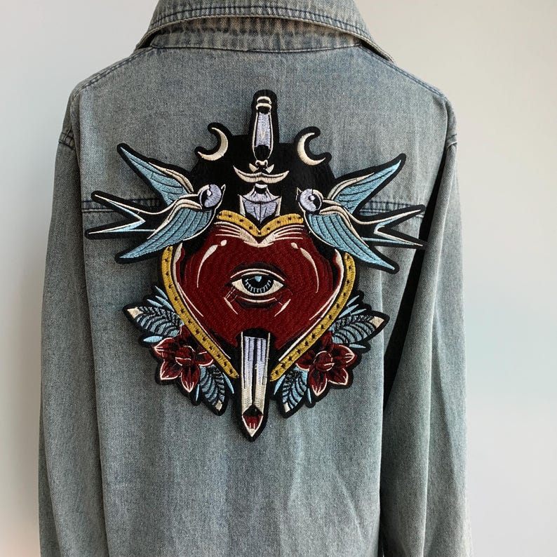 Large Embroidered Sword Heart Patch – Evil Eye Design Iron on Appliqué ...