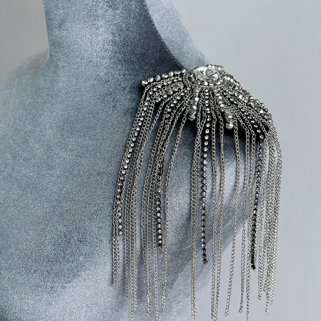 Elegant Silver Beads Rhinestone Shoulder Epaulet Decoration With Long ...