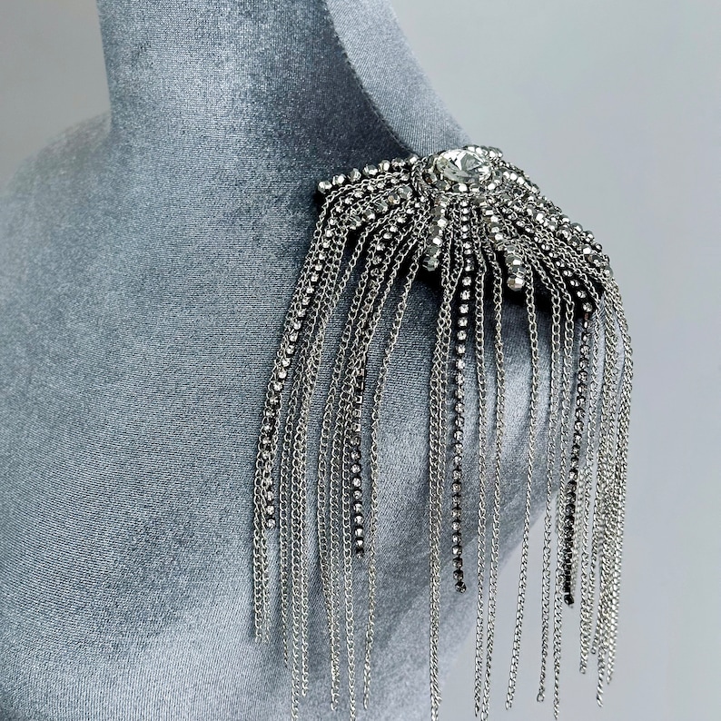 Elegant Silver Beads Rhinestone Shoulder Epaulet Decoration With Long ...