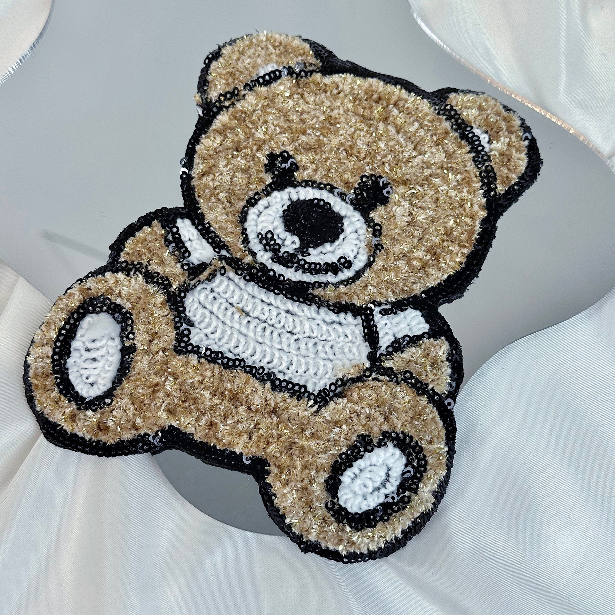 Cute Teddy Bear Patch Bear Head Sequin Chenille Applique Supplies for Vintage Clothes, Bags ...