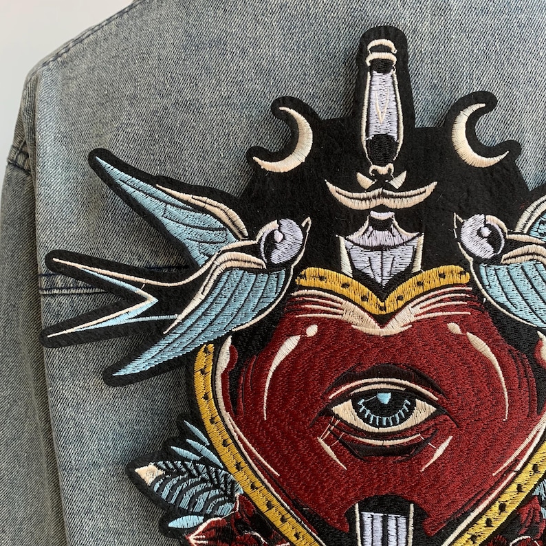 Large Embroidered Sword Heart Patch – Evil Eye Design Iron on Appliqué ...