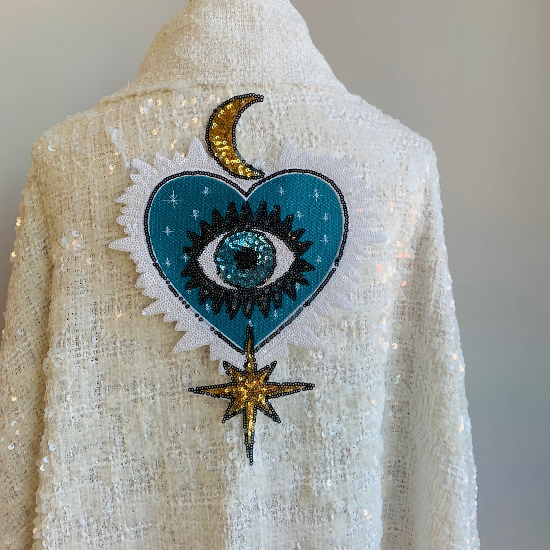 Celestial Sacred Heart: Embroidered Sequins Evil Eye Iron-on Patch With ...