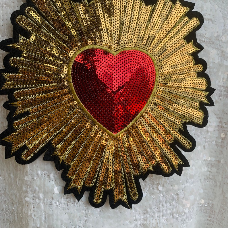 Christian Sequins Sacred Heart Iron on Patch for Denim Jacket Applique,stunning Embroidered ...