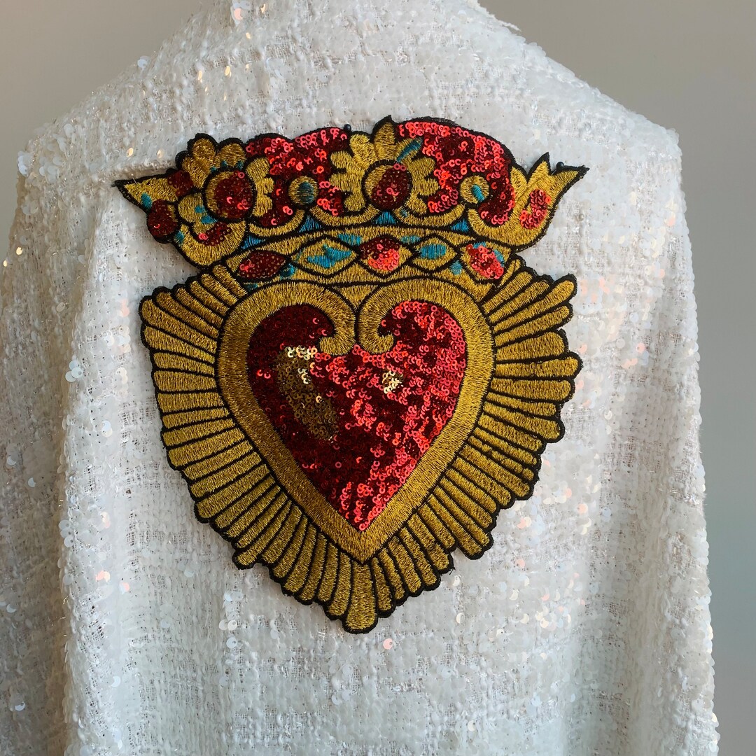 Large Sequins Embroidered Sacred Heart Sew-on Patch,for Christian Clothes Back Applique ...