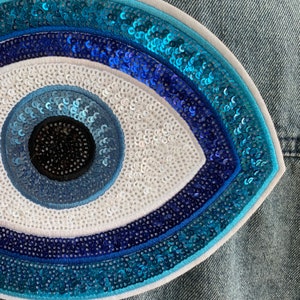 Large Blue Sequins Evil Eye Iron-on Patch - Ward off Negativity in ...