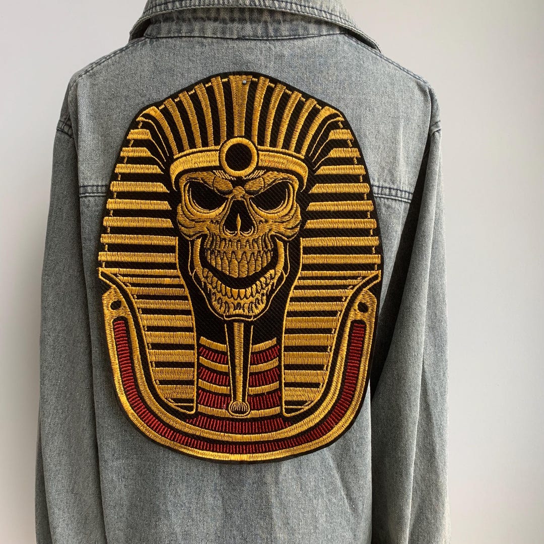 Gold Embroidered Egyptian Pharaoh Skull Patch - Ancient Egypt Iron-on Appliqué for Streetwear or ...