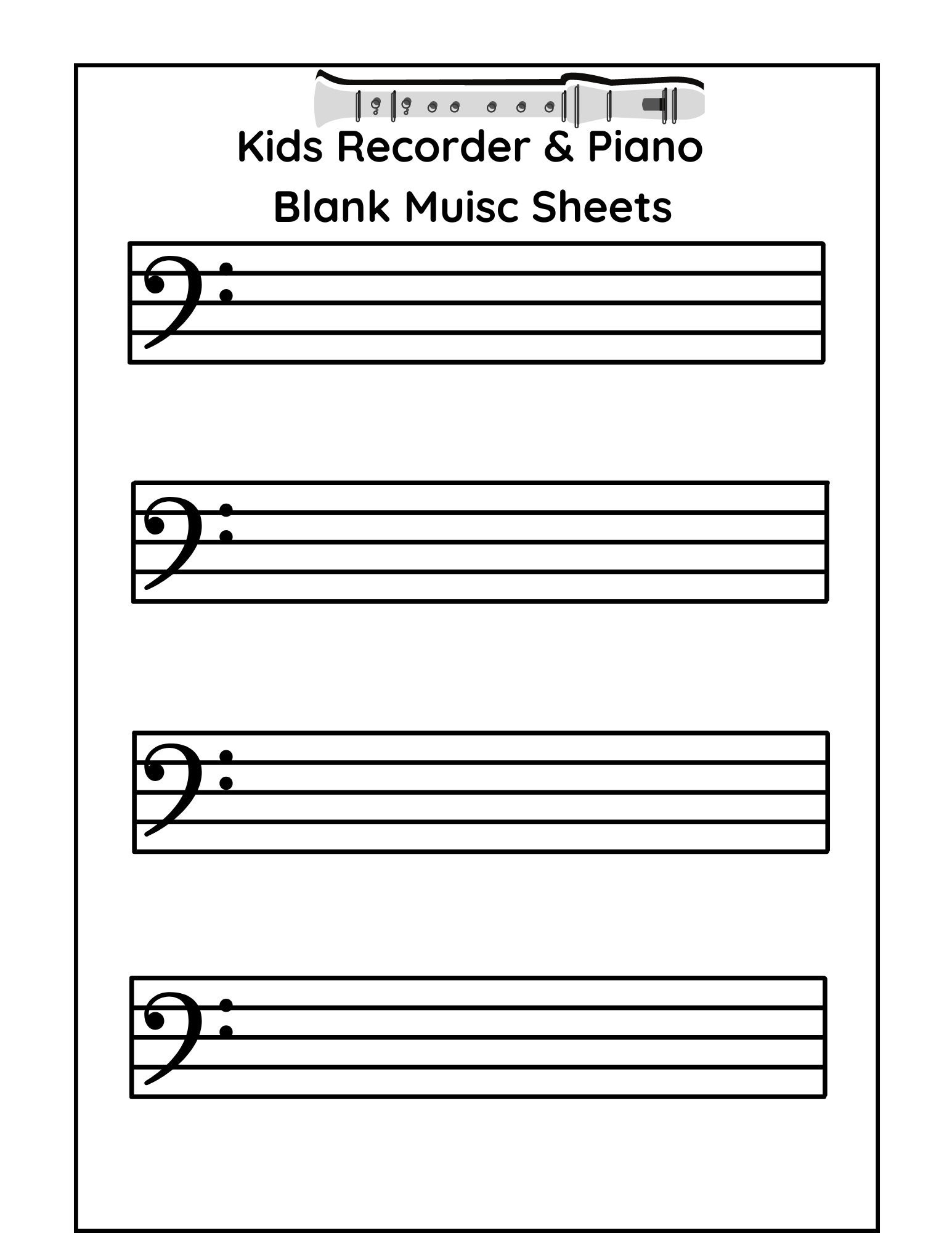 Kids Printable Sheet Music Sheet for Recorder and Piano| Blank Sheet ...