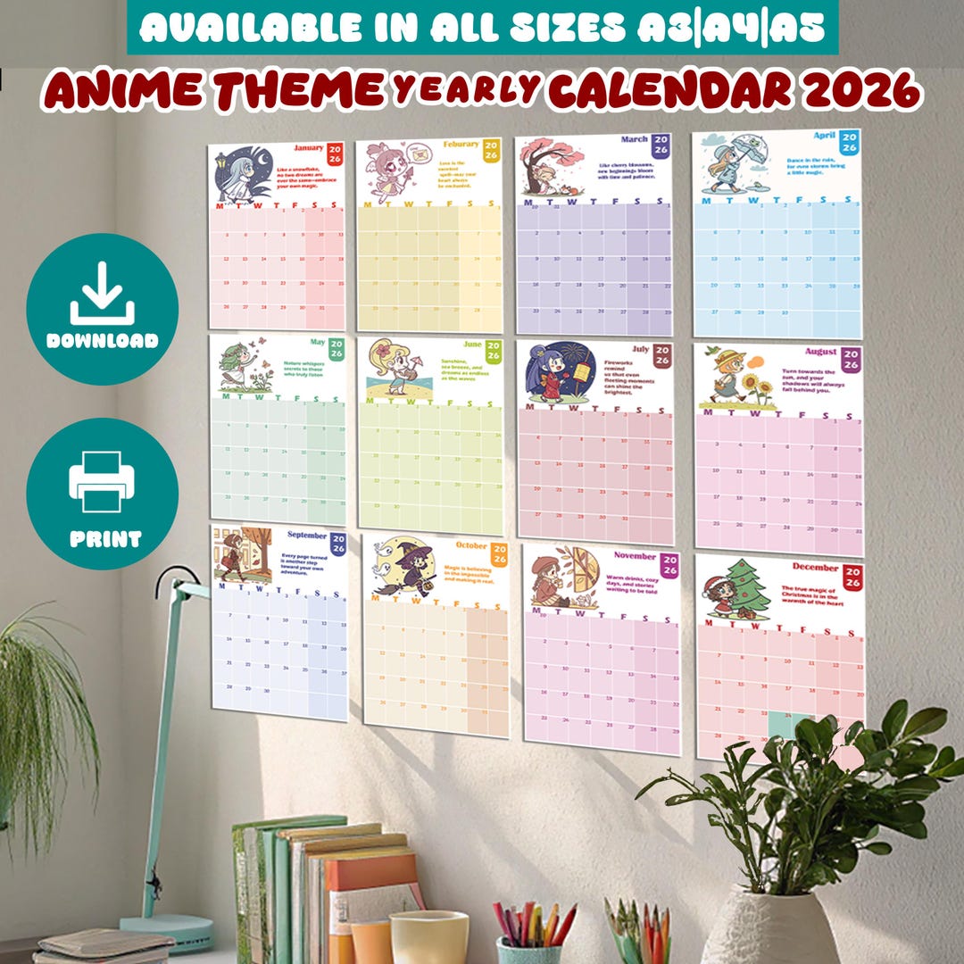 Kawaii Anime 2026 Calendar | Printable Monthly Wall Art (digital ...