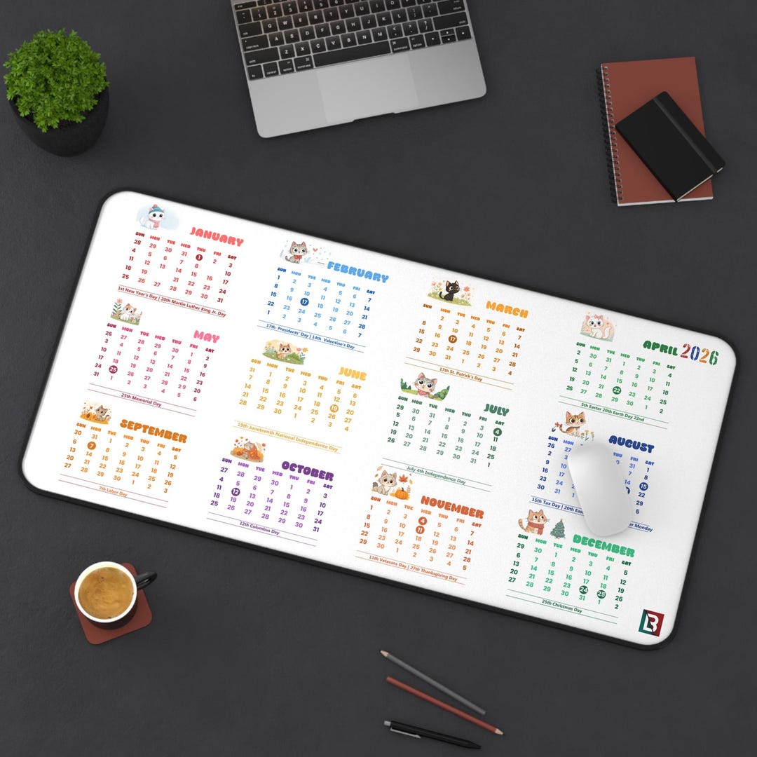 Kawaii Cat Calendar Desk Mat – 2026 Calendar Office Decor (16x32 In ...