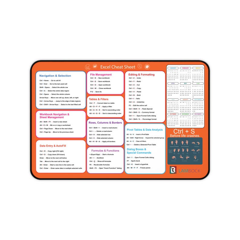 Excel Cheat Sheet Desk Pad - 12" × 18" Excel Shortcuts Mousepad - Desk ...