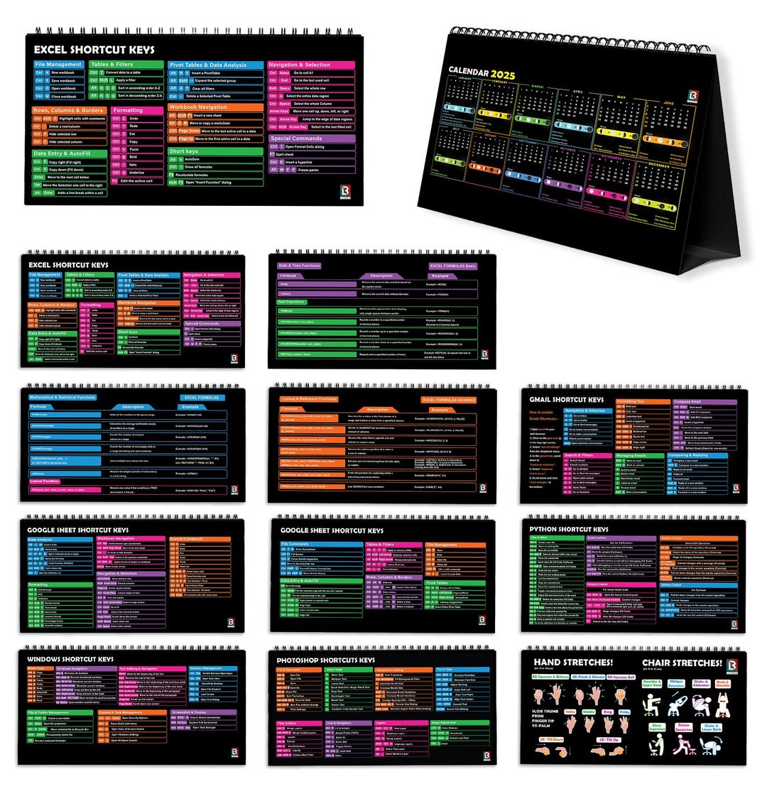Excel Cheat Sheet Desktop Calendar 2025 Shortcut Standing Flip Calendar ...