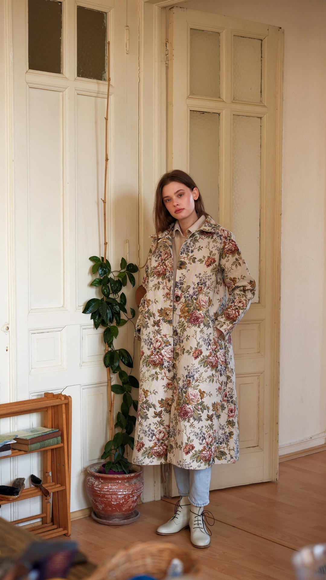 Rose Embroidered Gobelin Coat, Floral Tapestry Overcoat, Vintage Woven ...