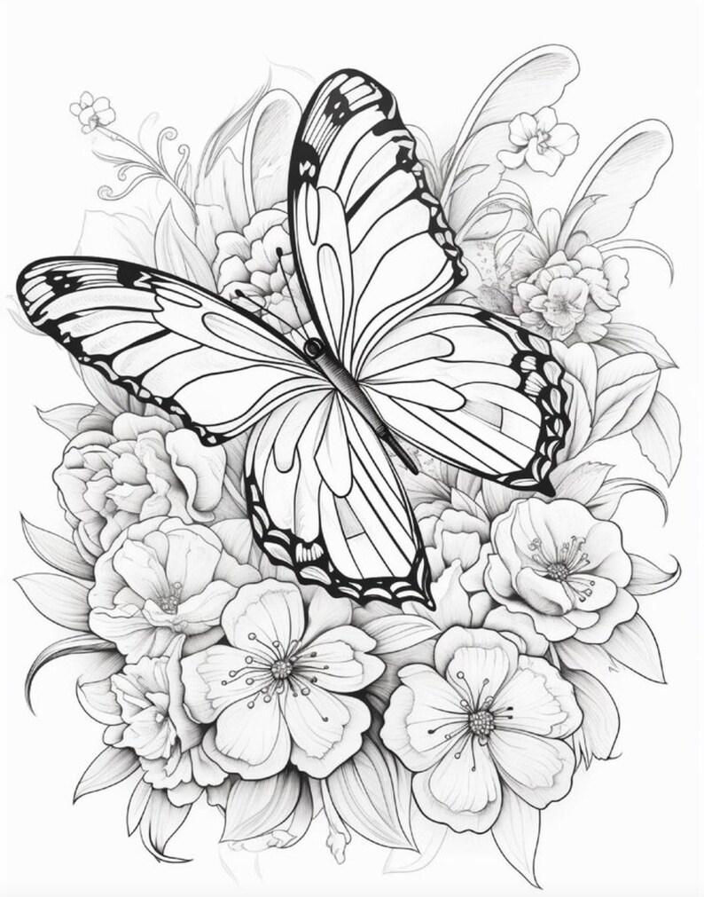 Butterfly and Flowers Coloring Page - Intricate Floral Line Art Digital ...