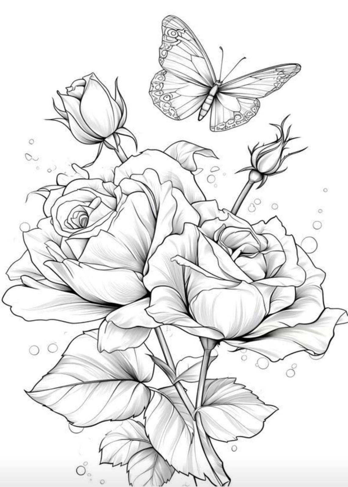 Butterfly and Flowers Coloring Page - Intricate Floral Line Art Digital ...