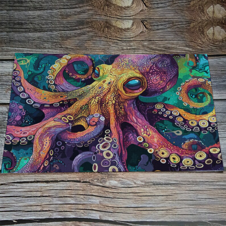 Colorful Octopus Art Wooden Jigsaw Puzzle, Challenging Rectangular Game ...