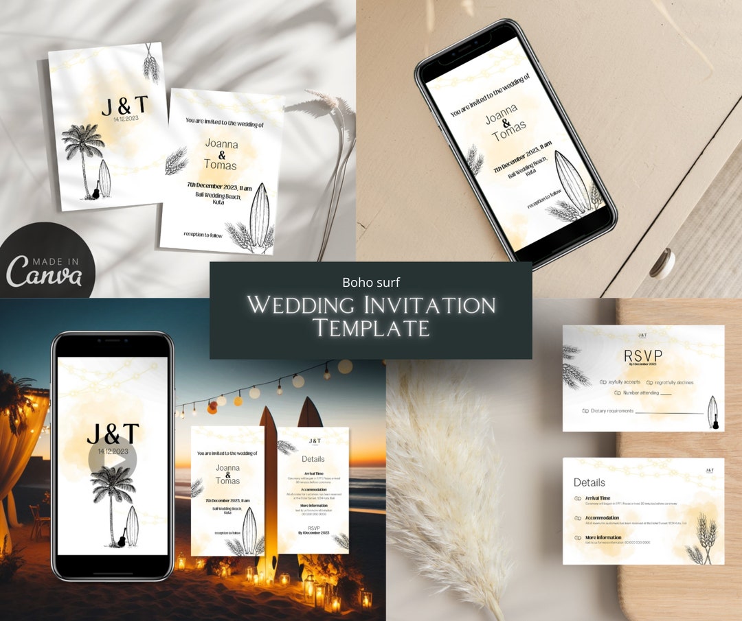 Boho Surf Style Wedding Invitation Set Editable Canva Template - Etsy