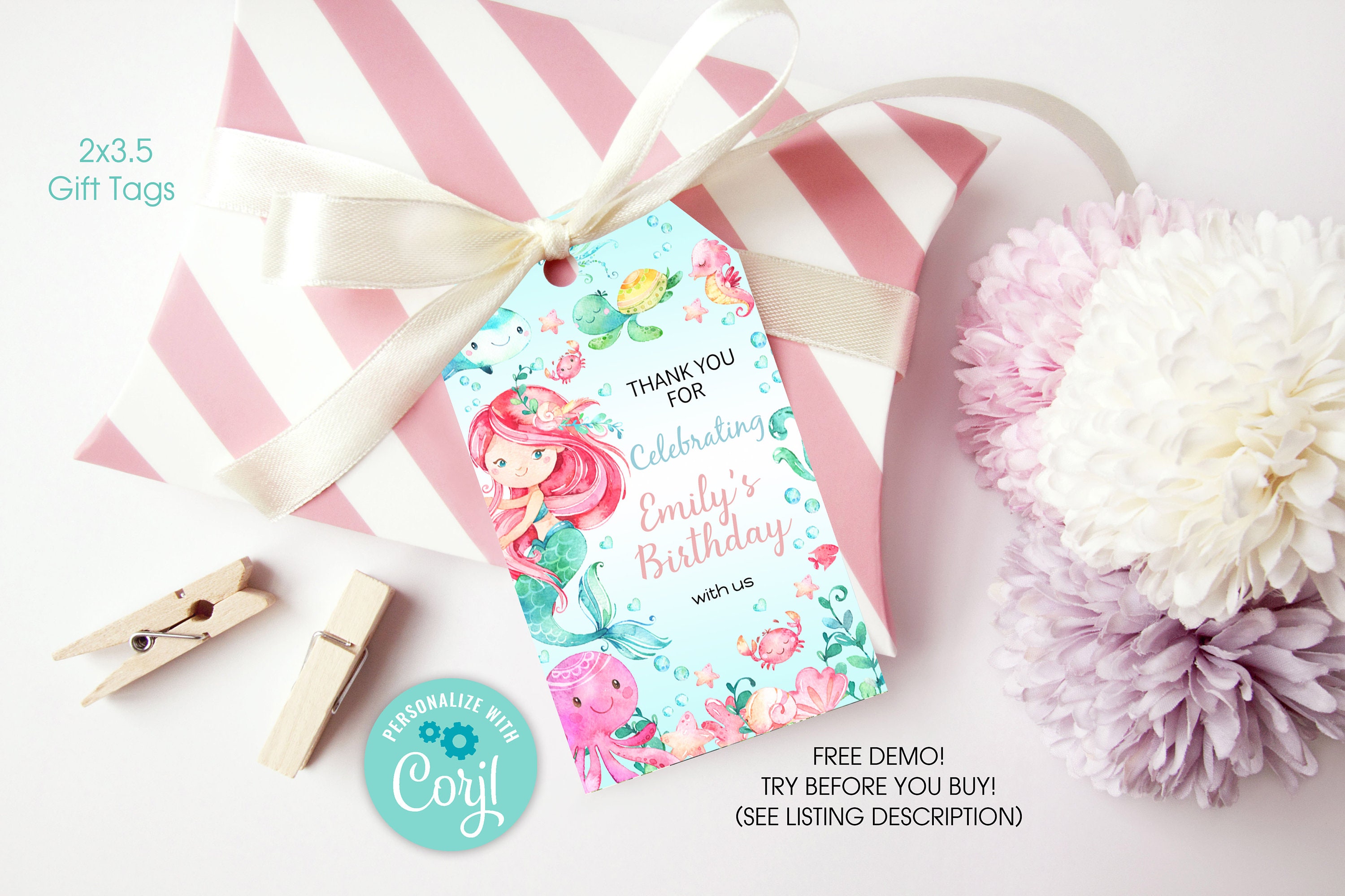 Editable PRINTABLE Mermaid Birthday Party Favour Tag, Under the Sea ...
