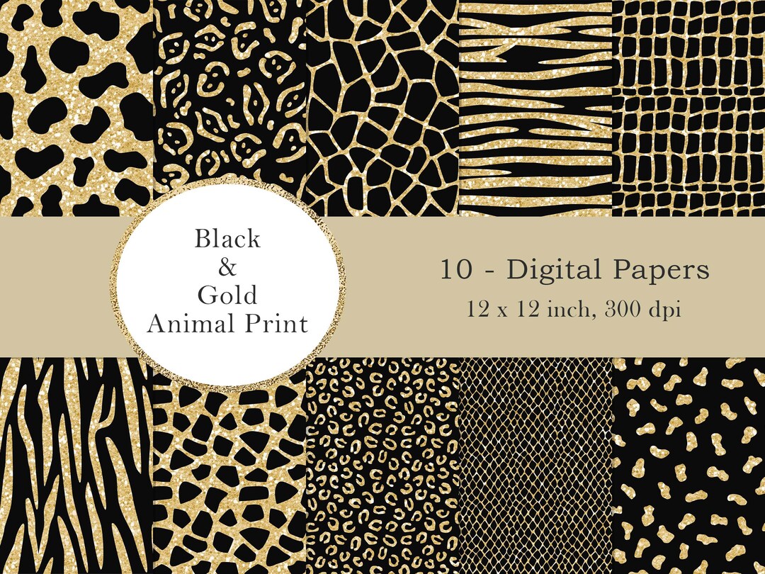 Black and Gold Animal Print Digital Paper, Scrapbook Paper (JPEG, PNG ...
