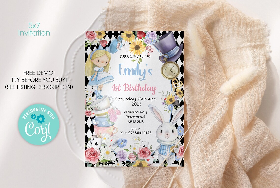 Editable PRINTABLE Alice in Wonderland Birthday Invitation, Digital ...