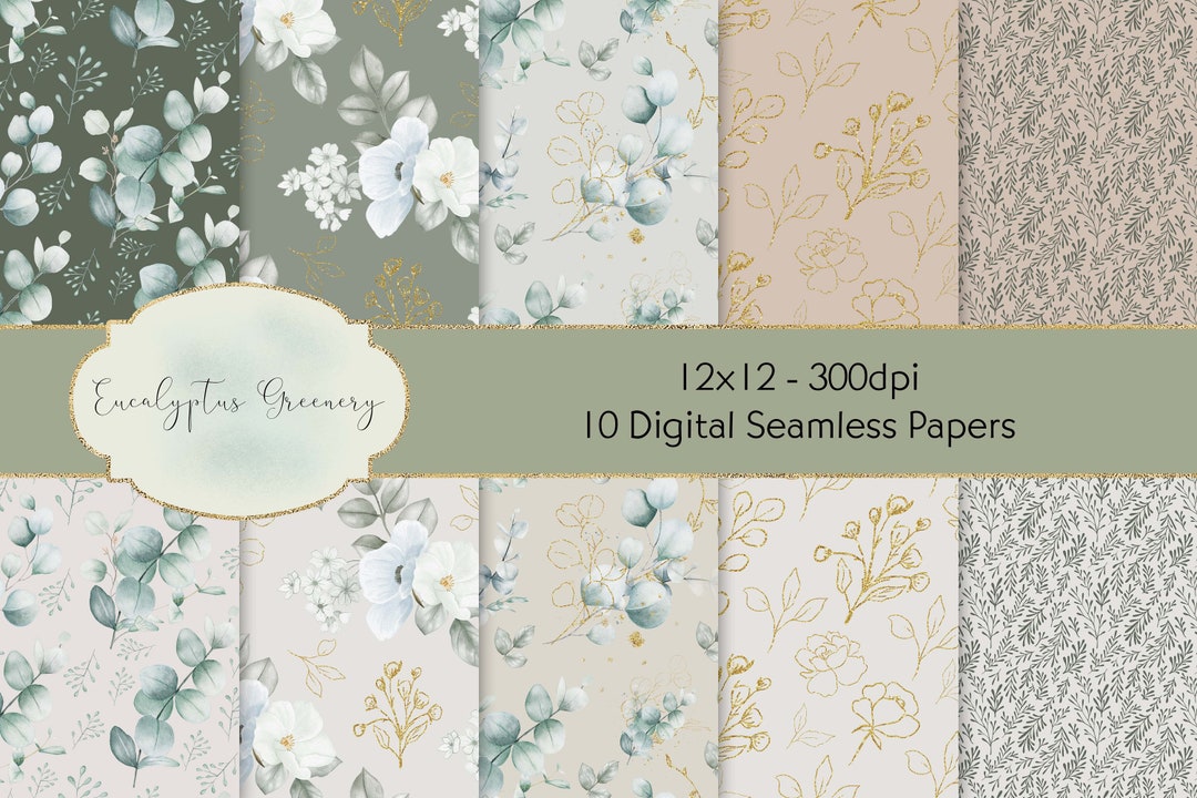 Eucalyptus Greenery Digital Paper, Eucalyptus Seamless Elegant Gold ...