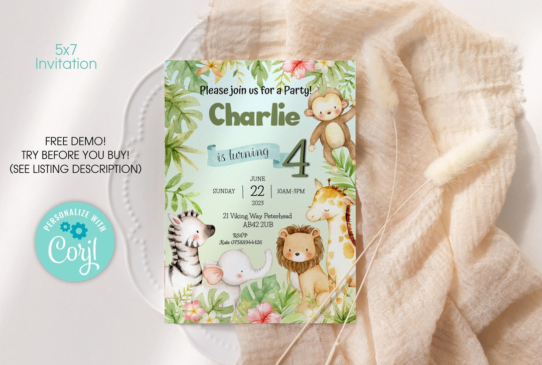 Editable PRINTABLE Safari Jungle Birthday Invitation, Digital ...