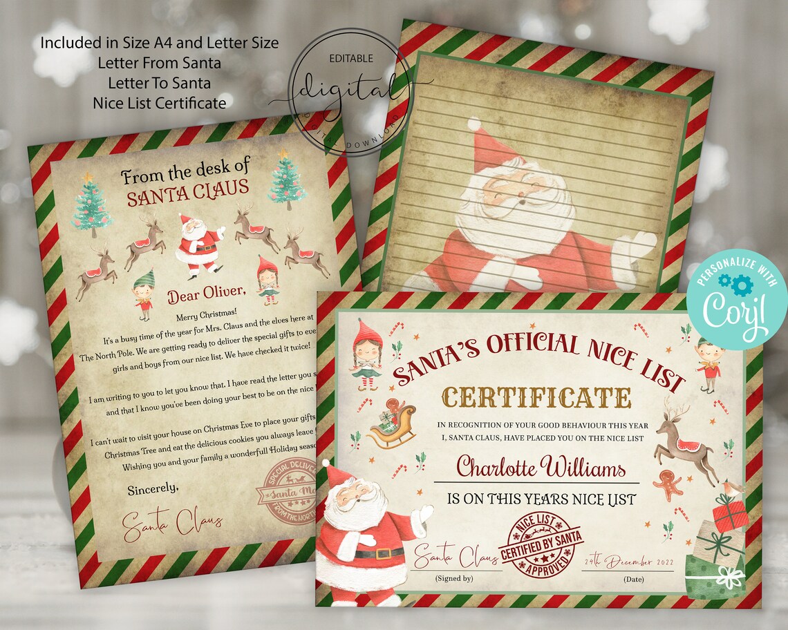 Editable Letter to Santa Set, Santa Letter Pack ,nice List Certificate ...