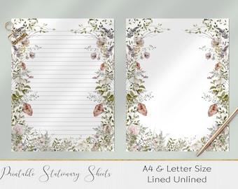 Floral Printable Stationery, Lined & Unlined Paper (A4, US Letter ...