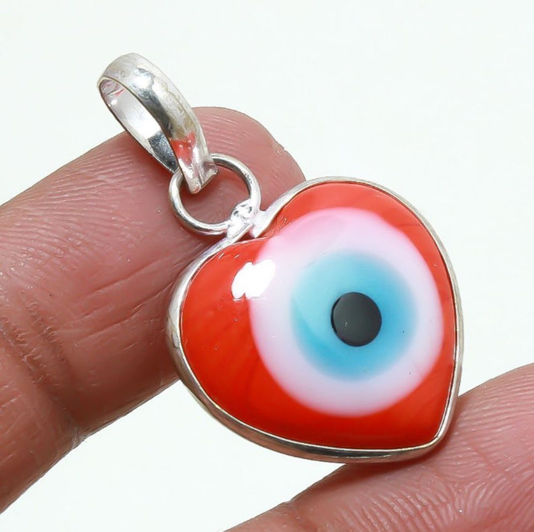 Heart Shape Blue and Red Evil Eye Gemstone 925 Silver Plated,heart Evil Eye Necklace, Evil Eye ...
