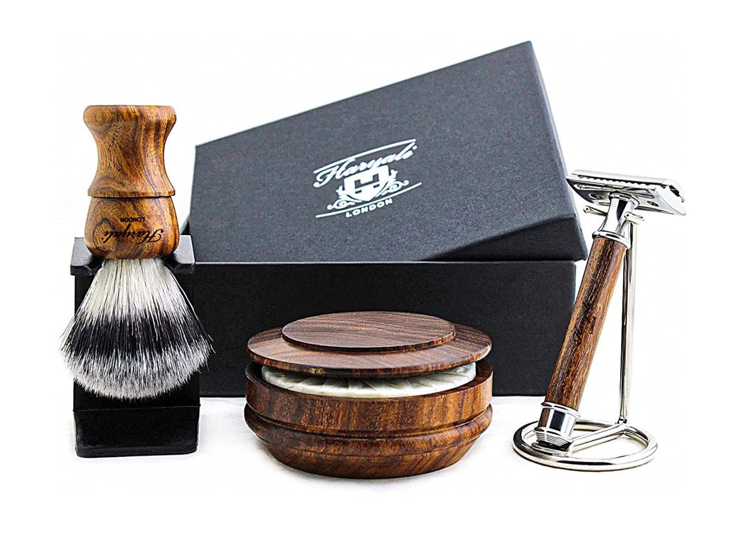 Wooden 6 Piece Shaving Kit With Double Edge Safety Razor Synthetic Hair ...