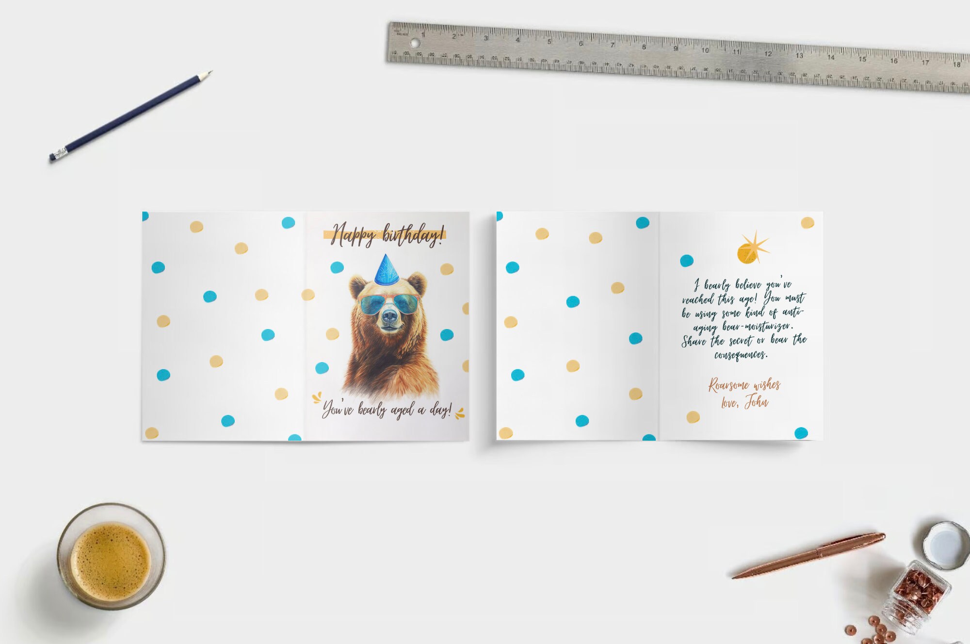 You've Bearly Aged a Day: Two Fold Bday Card Canva Template Fully ...