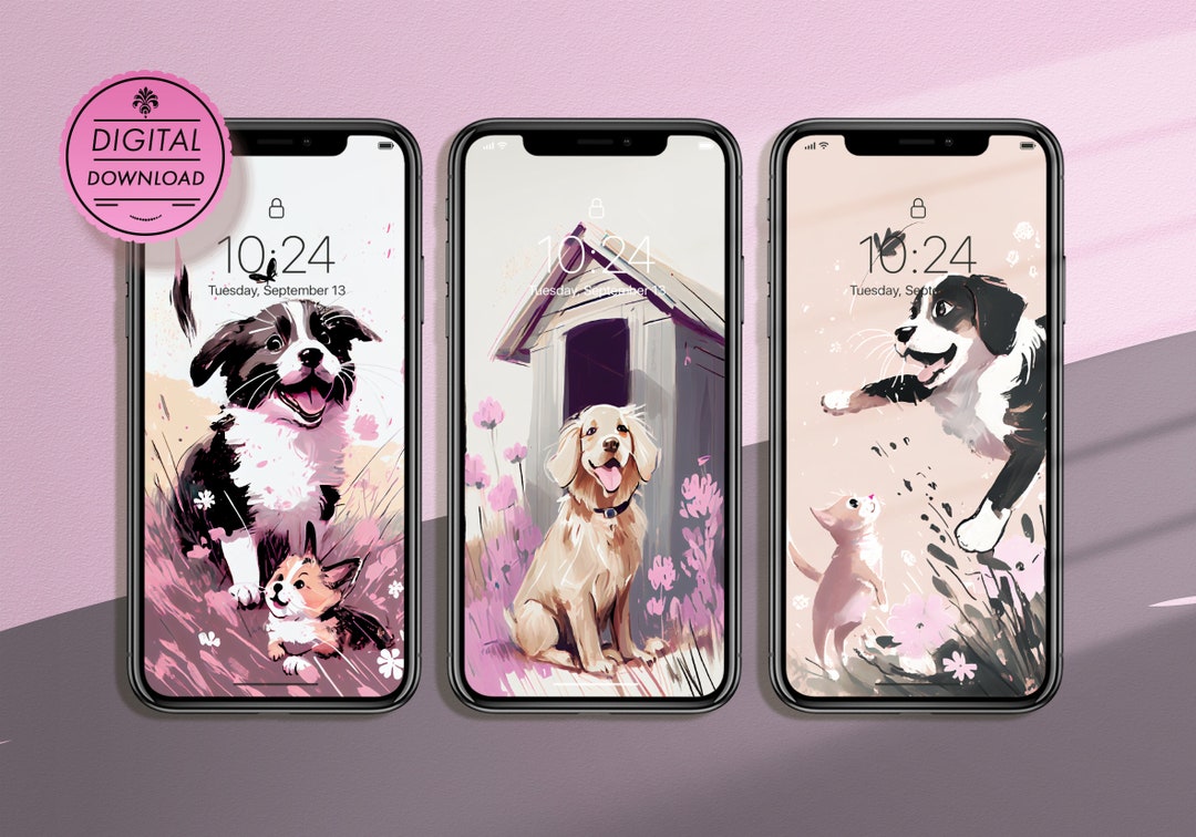 3 Happy Dogs Phone Backgrounds Cute Illustration Wallpaper Set, Home ...