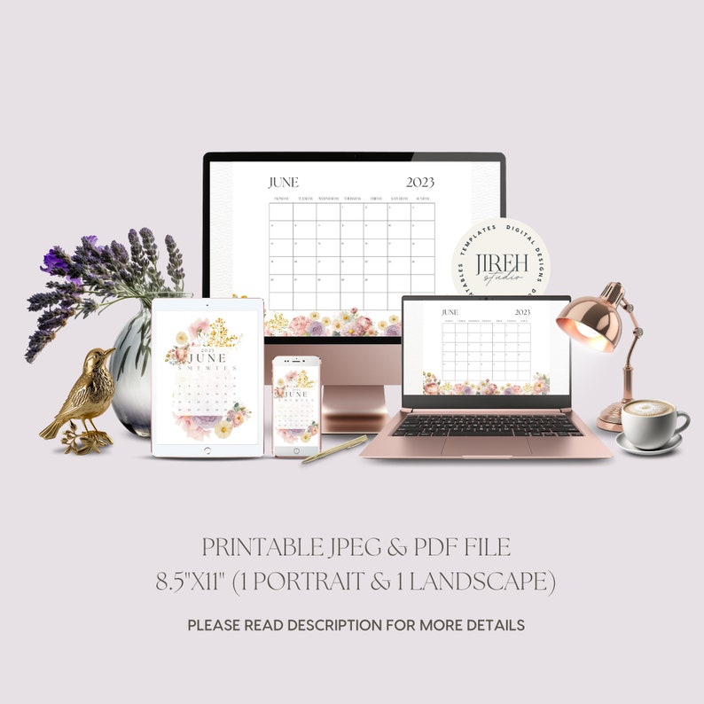 Printable JUNE 2023 Calendar Two Floral Theme Classic Simple Elegant ...