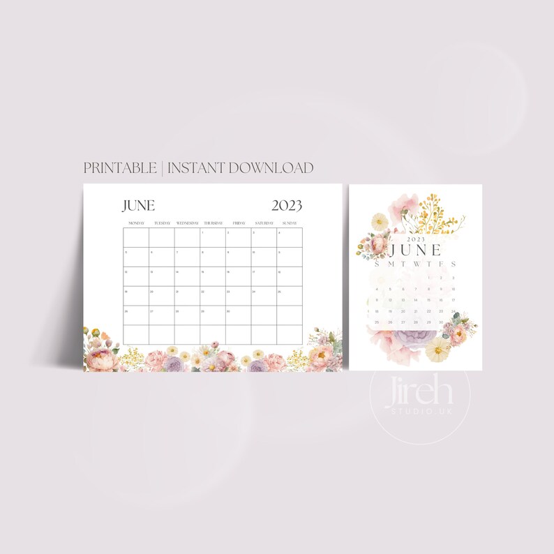 Printable JUNE 2023 Calendar Two Floral Theme Classic Simple Elegant ...