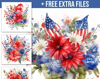 4th of July Flower Clipart, Patriotic Floral Clipart, Independence Day ...