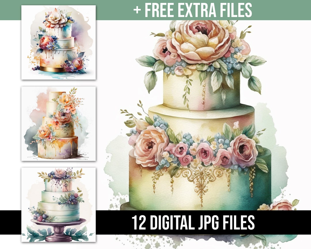 Watercolor Wedding Cake Digital Print Set of 12 Prints Wall Art ...