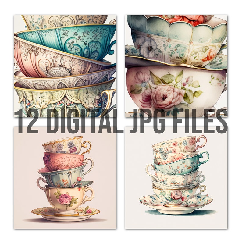 Watercolor Stack of Vintage Teacups Illustration Digital - Etsy