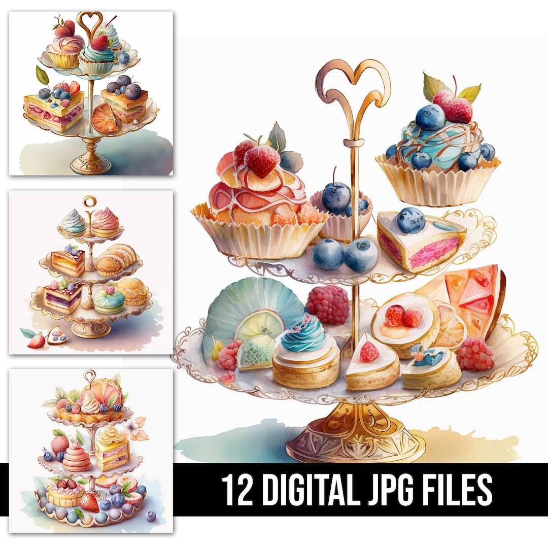 Watercolor Tray With French Pastries Illustration Bundle Collection HQ French Pastries Digital ...