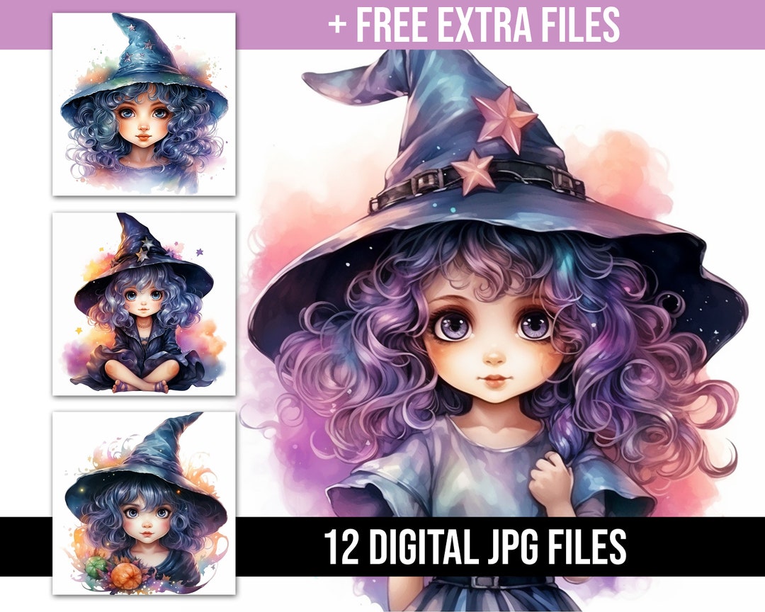 Little Witch Clipart, Junk Journal, Watercolor Clipart, Commercial Use ...