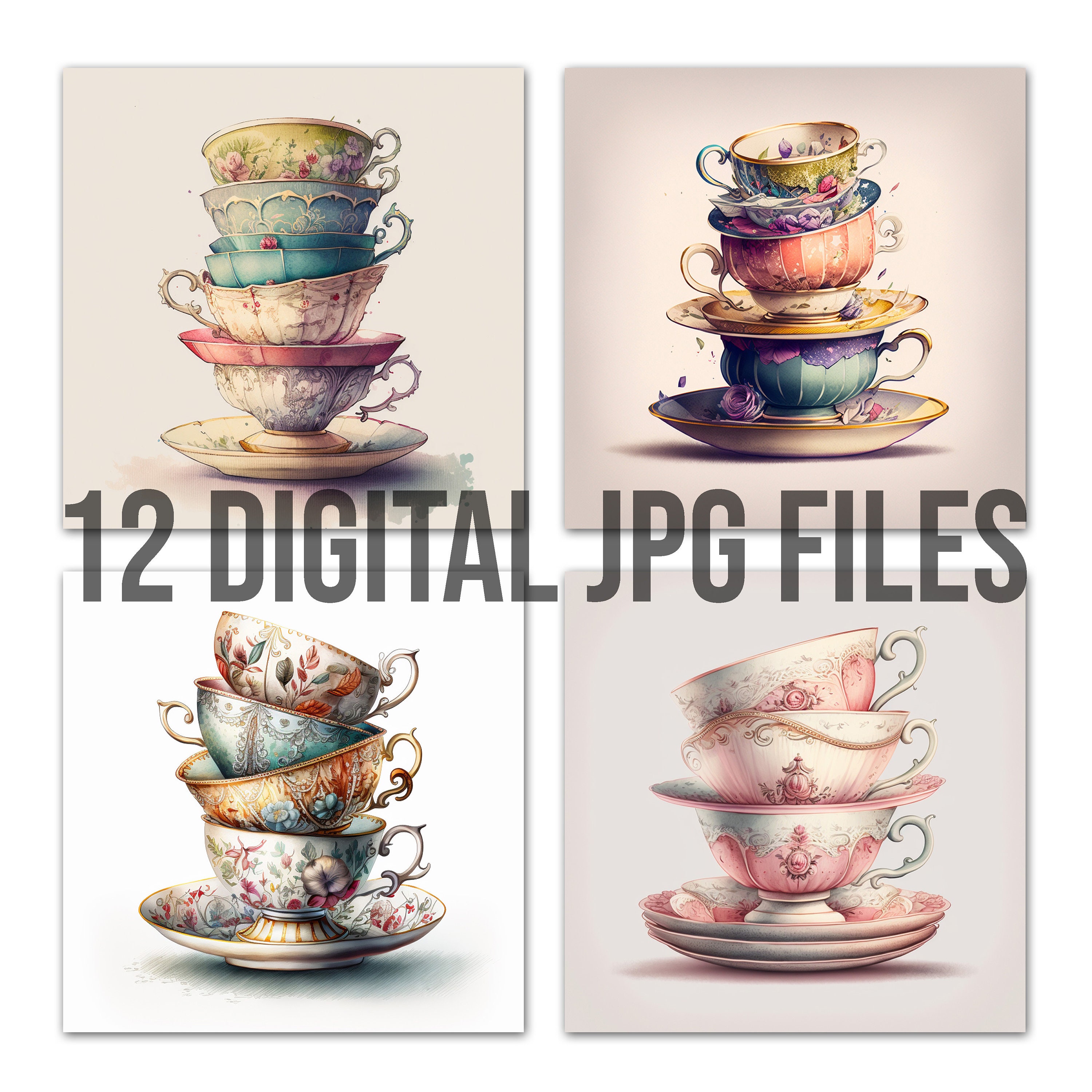 Watercolor Stack of Vintage Teacups Illustration Digital - Etsy