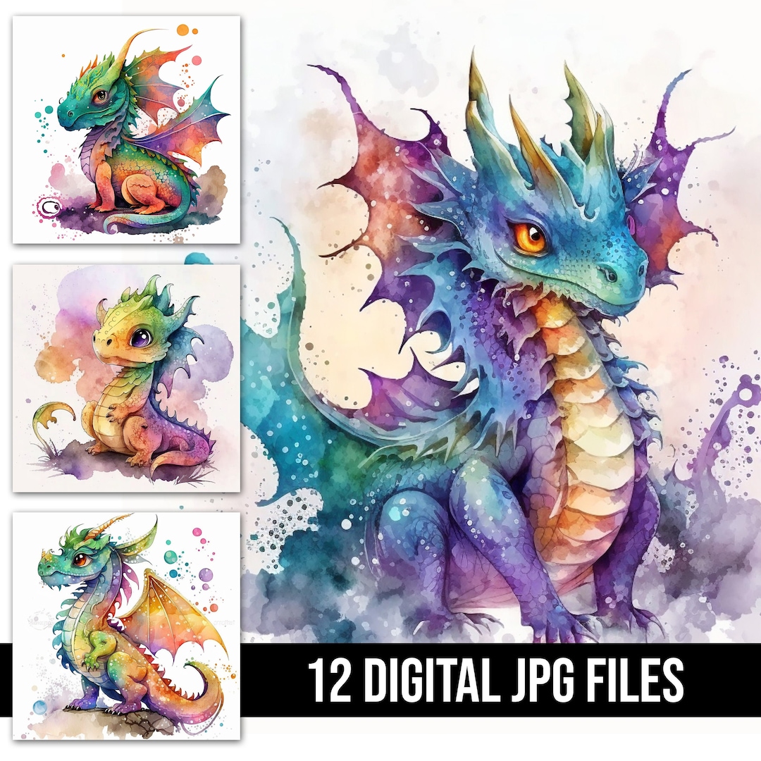 Watercolor Magical Dragon Illustration Bundle Collection High Quality ...