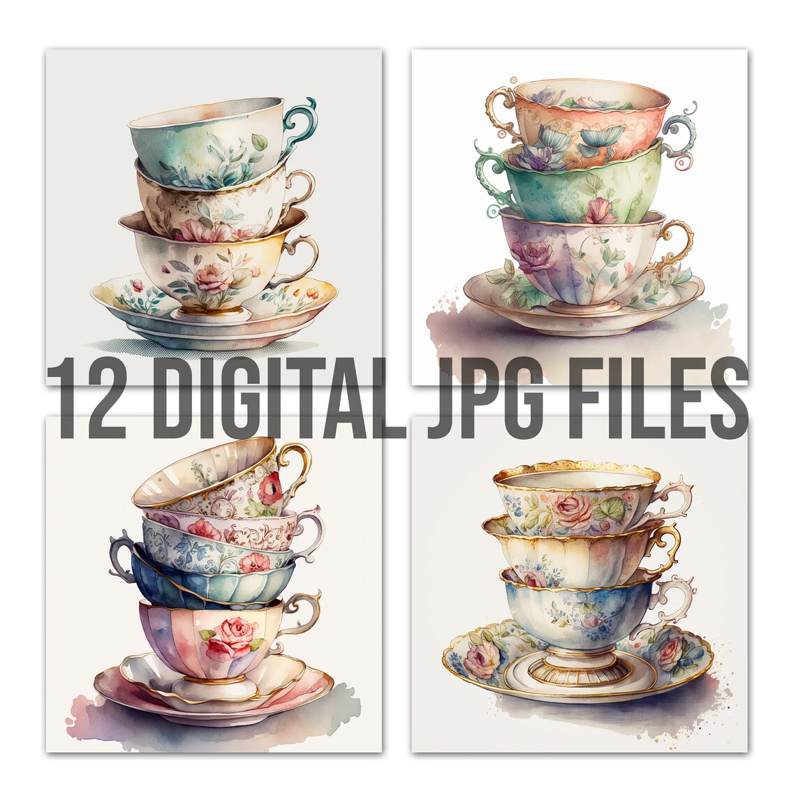 Watercolor Stack of Vintage Teacups, Teacup Clipart, Junk Journal ...