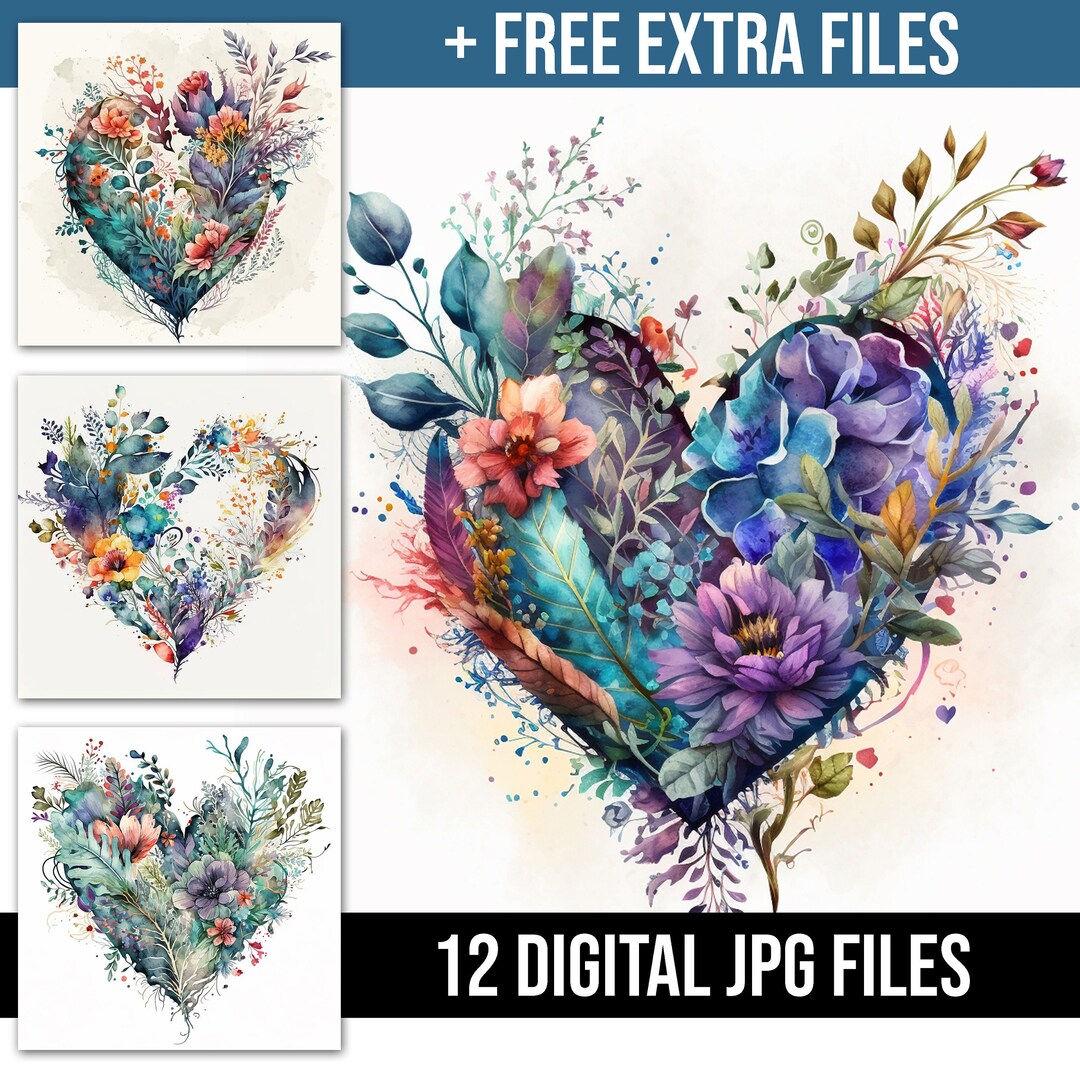 Watercolor Floral Heart Illustration Bundle Collection High Quality ...