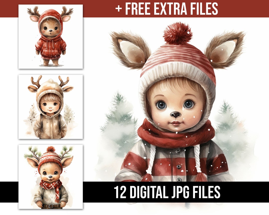 Set of 12 Christmas Reindeer Digital Prints Wall Art Printable Bundle ...