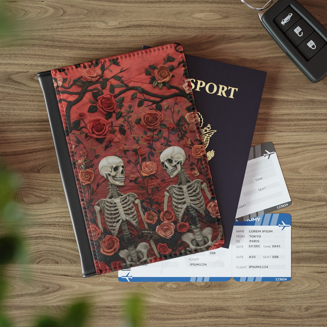 Goth Flowers Skeletons Passport Cover With Inner Pockets Embroiderey ...