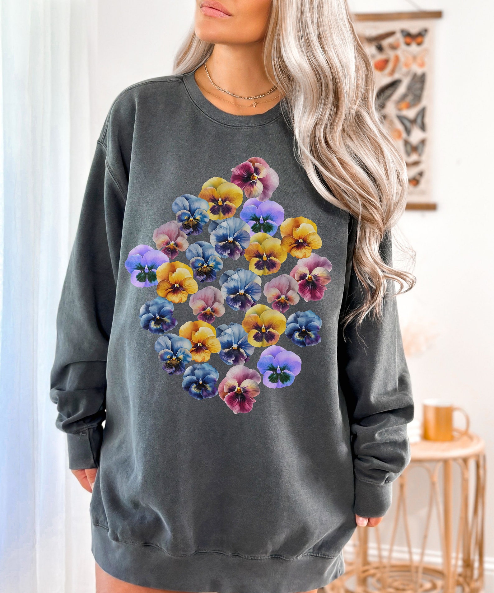 Pansy Floral Sweater Flowers Sweatshirt Comfort Colors Vintage Pressed ...